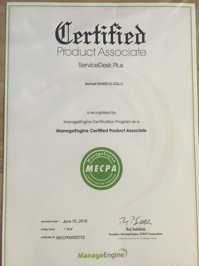 Manage Engine Certified Product Associate (MECPA) | Serhad Makbuloglu