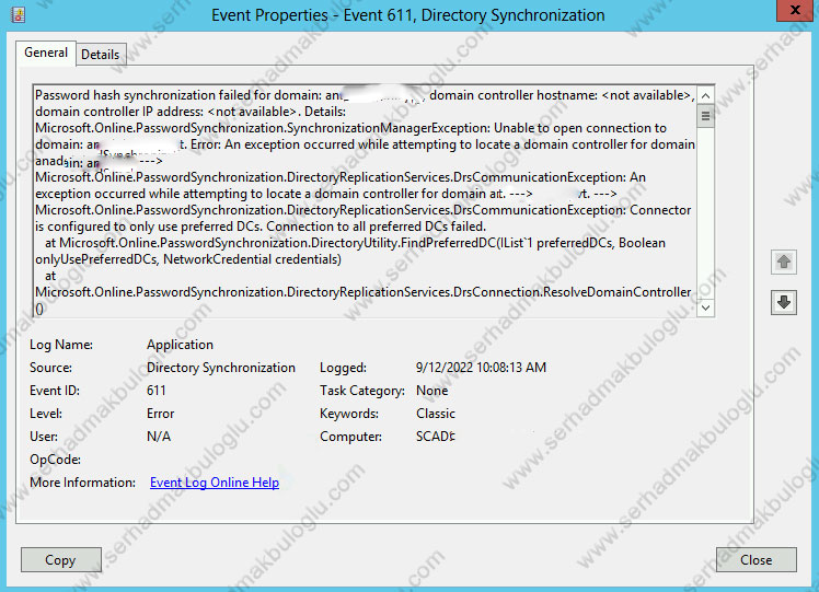 Azure AD Connect Password Hash Sync Failed - Event ID 611 | Serhad Makbuloglu